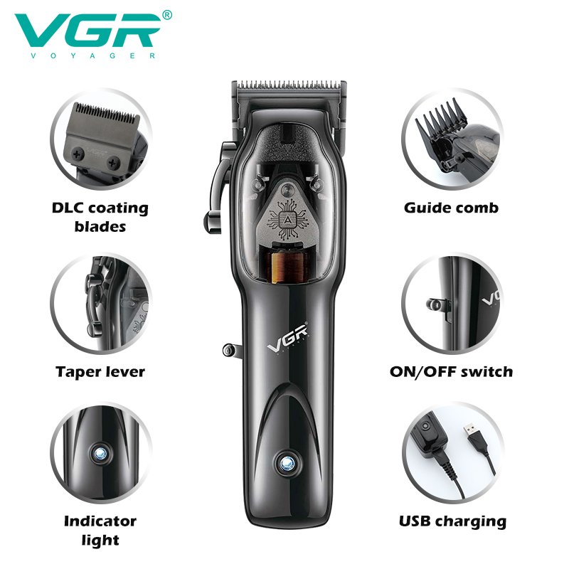 VGR V-653 Salon Series Tondeuse à cheveux professionnelle sans fil avec lames à revêtement DLC ...